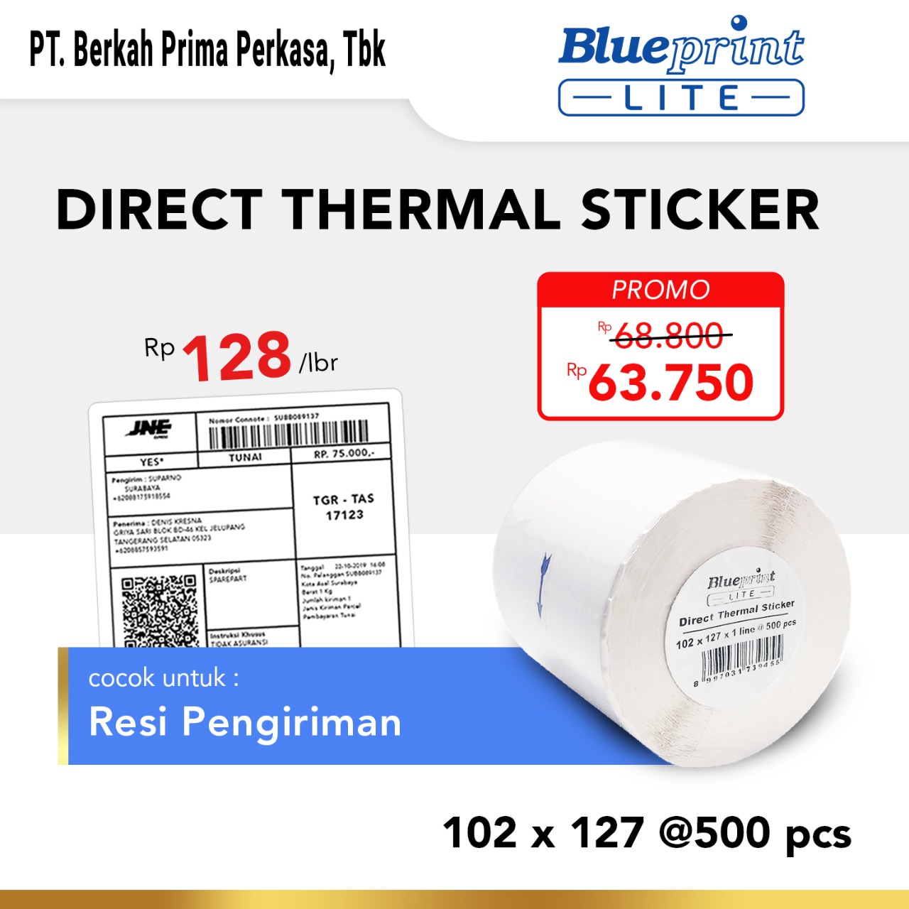 Kertas Label Thermal Stiker Resi BLUEPRINT Lite 102x127 mm 500Pcs Roll ...