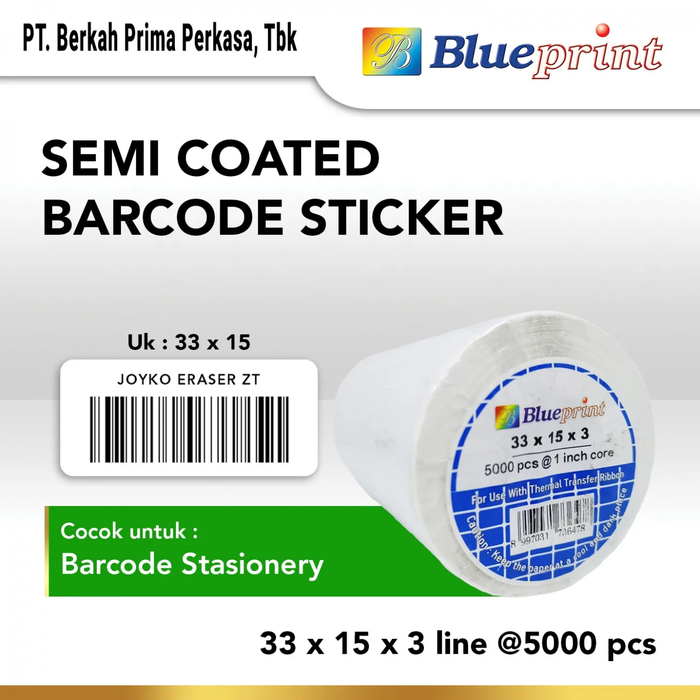 Sticker label Barcode 33x15mm 3 Line Semi Coated BLUEPRINT Core 1" isi ...