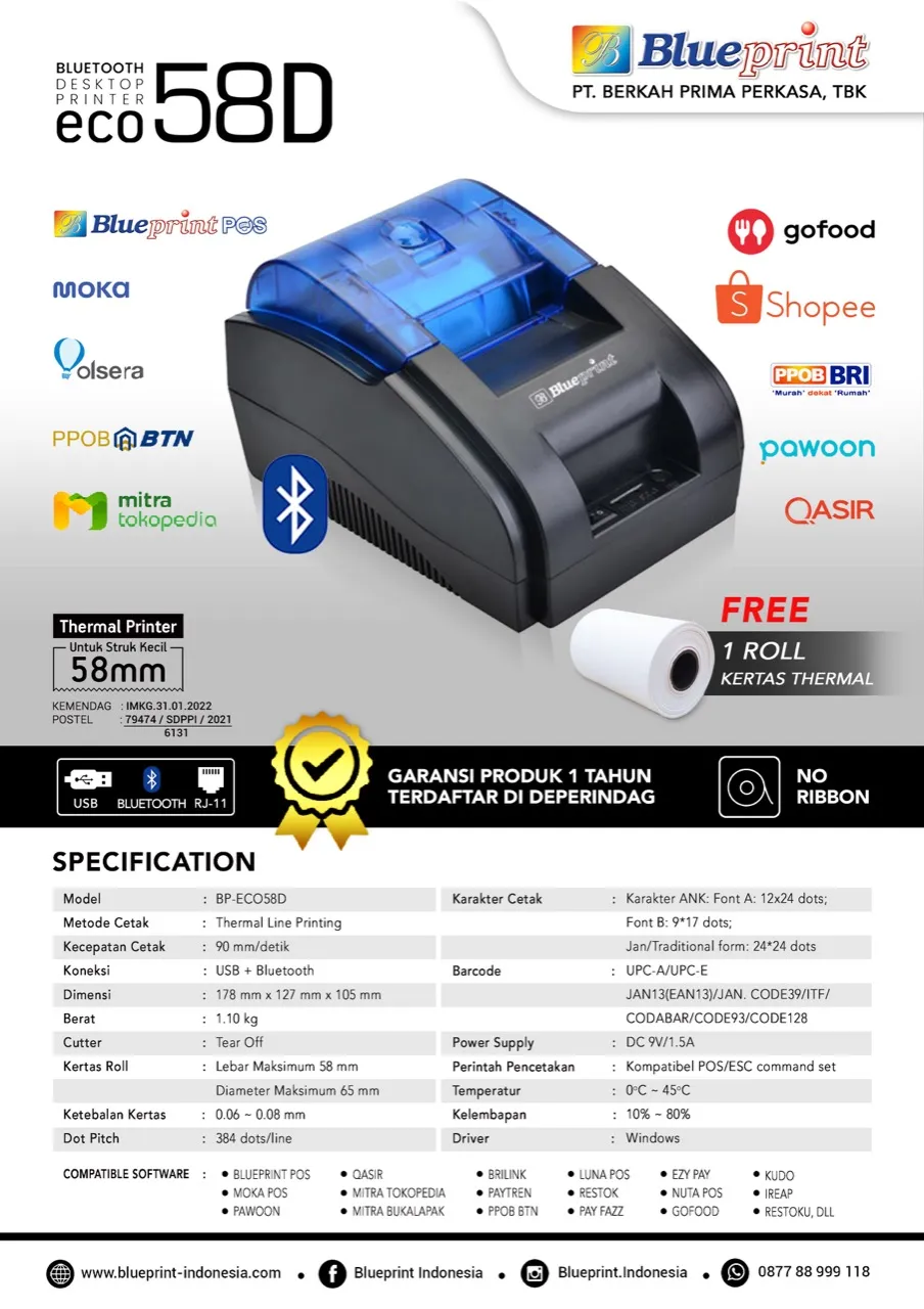 Printer Bluetooth thermal kasir ECO 58D Blueprint ( USB + BT + RJ11 ...