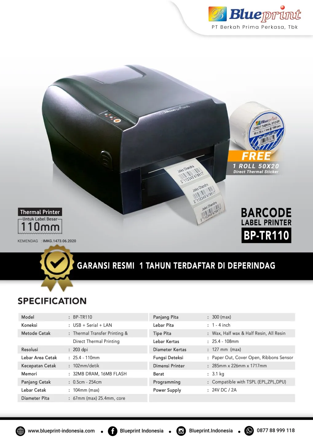 Printer Barcode Thermal / Label BLUEPRINT BP-TR110 (USB+Serial+LAN ...
