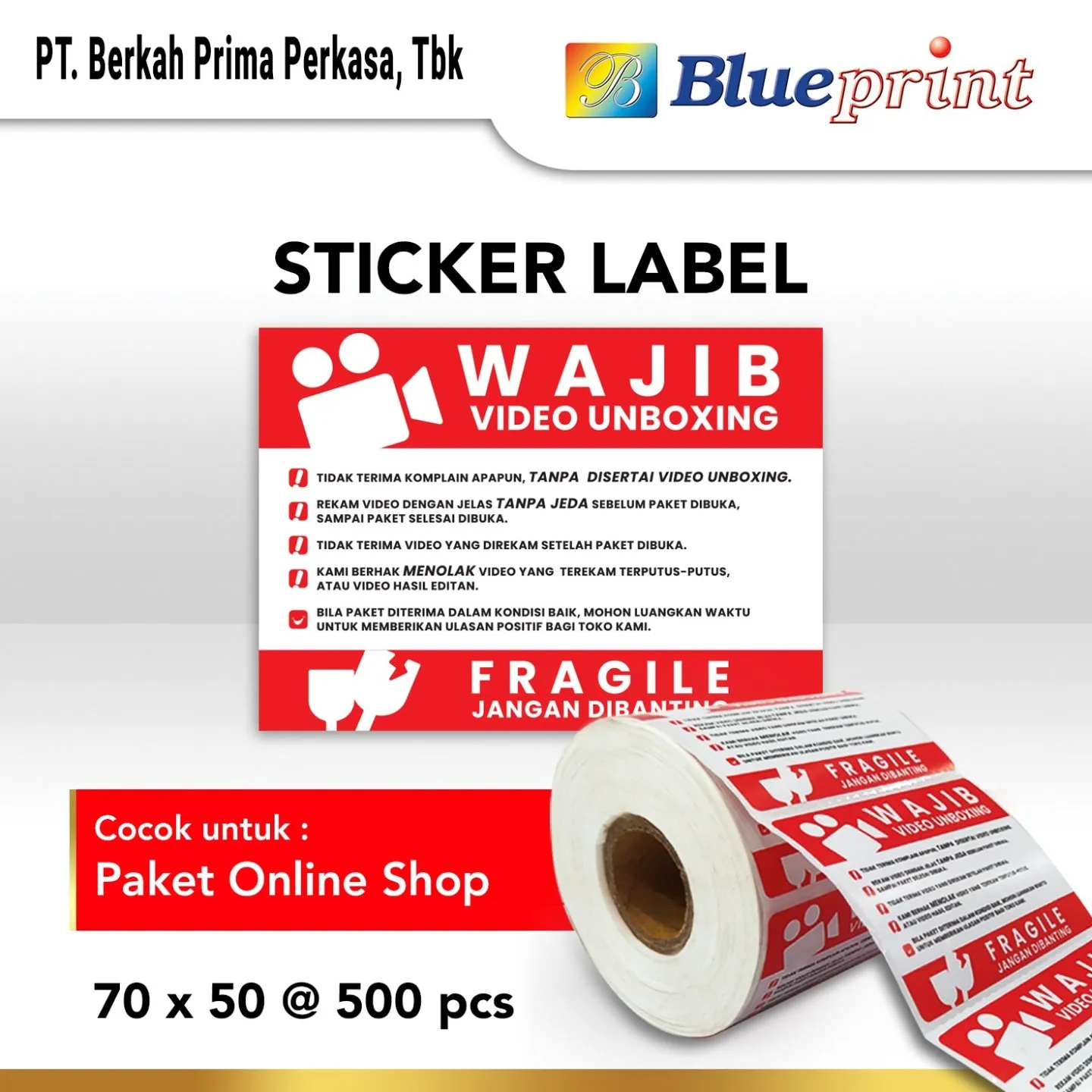 Label Sticker Unboxing Fragile BLUEPRINT 70x50 mm isi 500 | Stiker ...