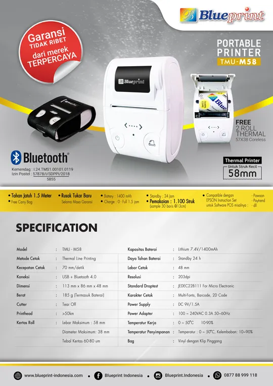 BLUEPRINT Portable Printer Bluetooth TMU-M58 | Knowledge Printer ...