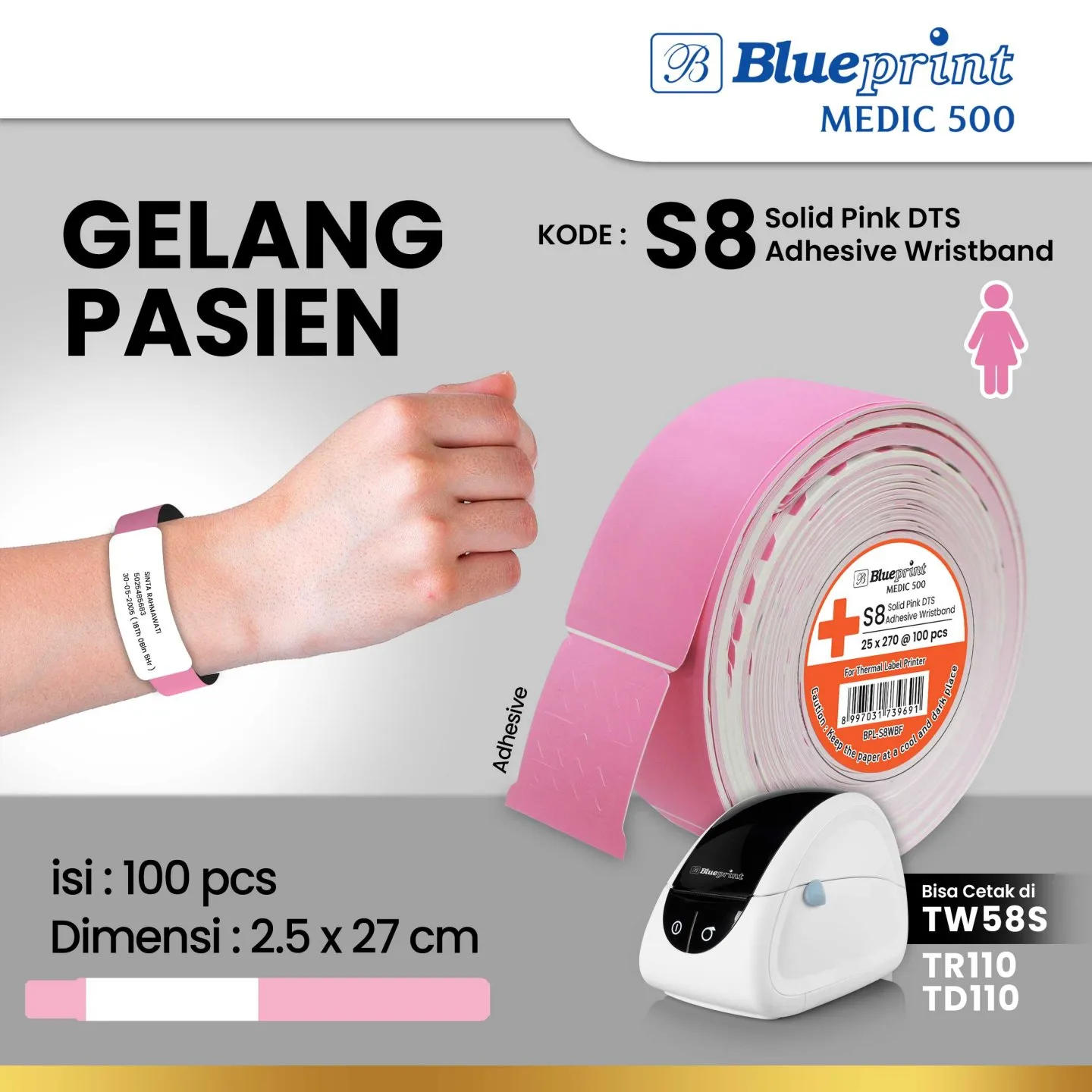 Gelang Pasien Barcode Rumah Sakit 25x270 mm BLUEPRINT Medic 500 - Pink ...