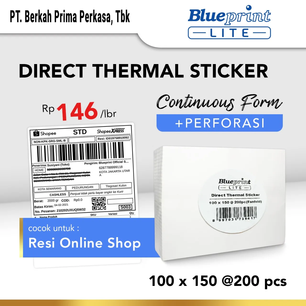 Direct Thermal Sticker Label Resi BLUEPRINT Lite 100x150 mm 200Pcs CF ...