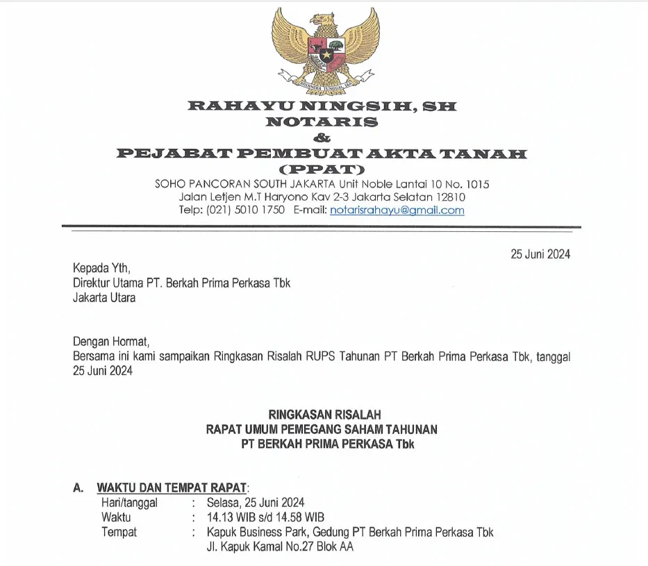 RISALAH RUPS TAHUNAN 25 JUNI 2024 | Hubungan Investor | Blueprint Indonesia