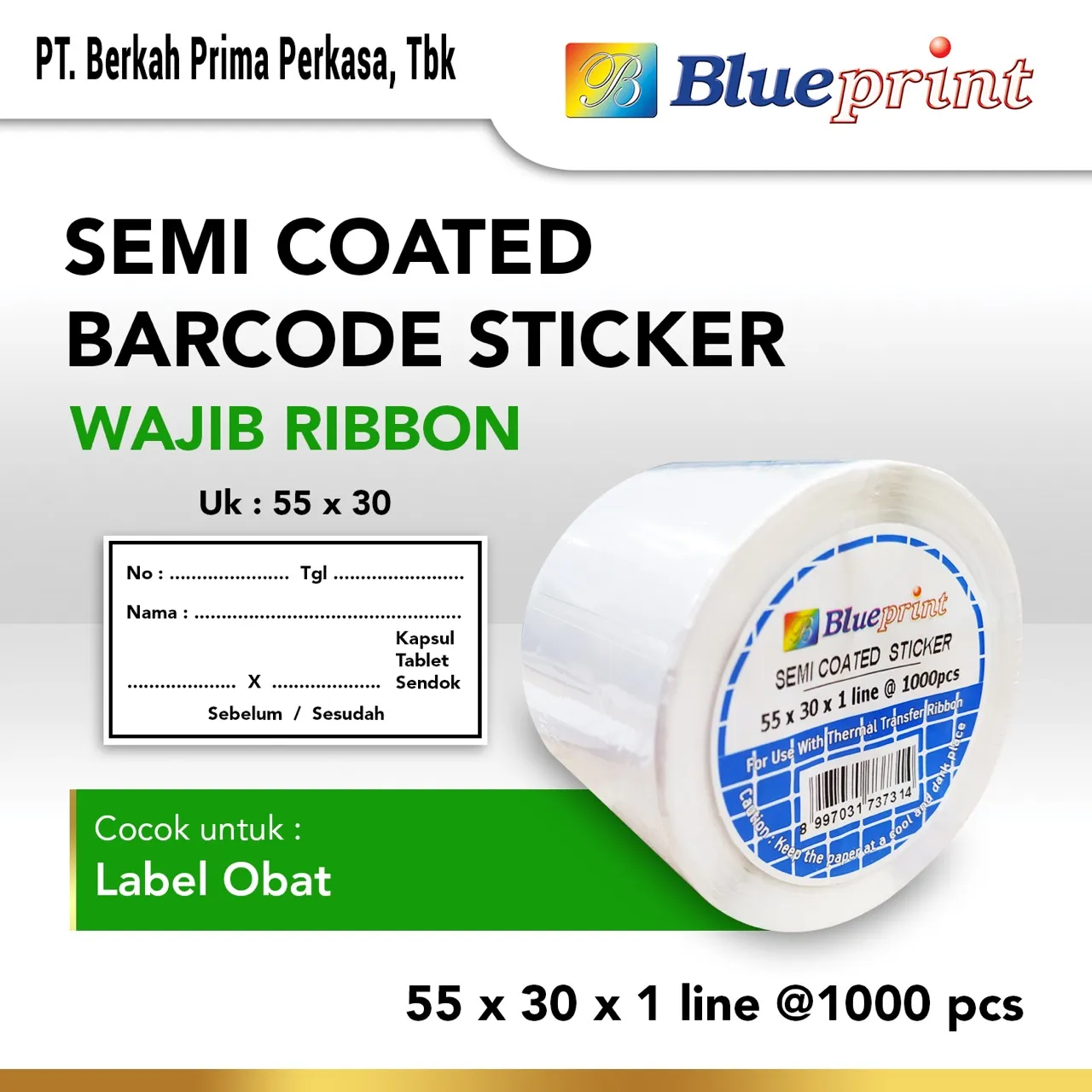 Sticker label Barcode Semicoated BLUEPRINT 55x30 mm 1 Line isi 1000Pcs ...