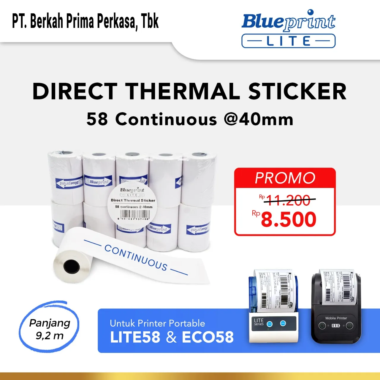 Kertas Thermal Sticker Label BLUEPRINT 58 mm Continuous @40mm - 1 Roll ...