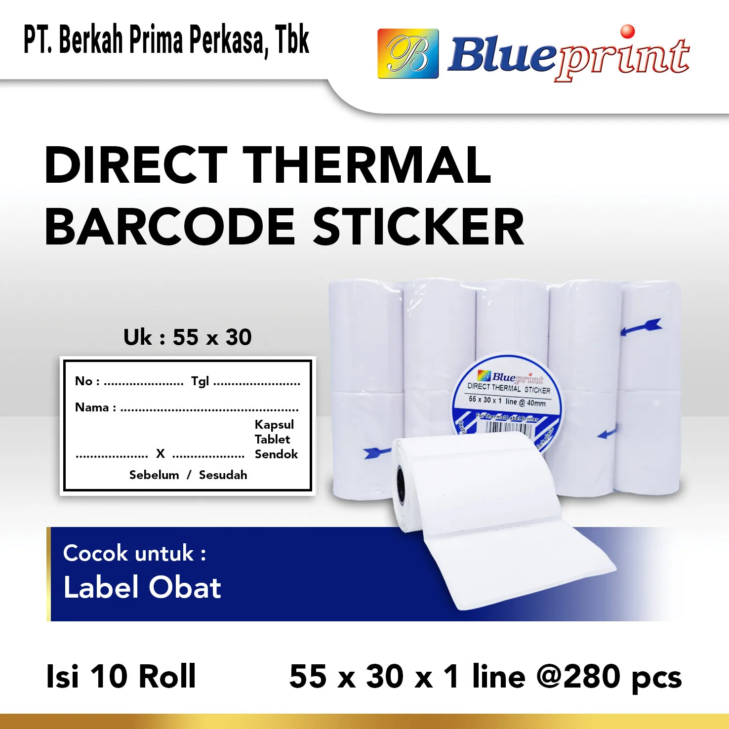 Direct Thermal Sticker , Kertas Label Stiker BLUEPRINT 55 x 30 , 55x30 mm 1 Line - 10 Roll ...