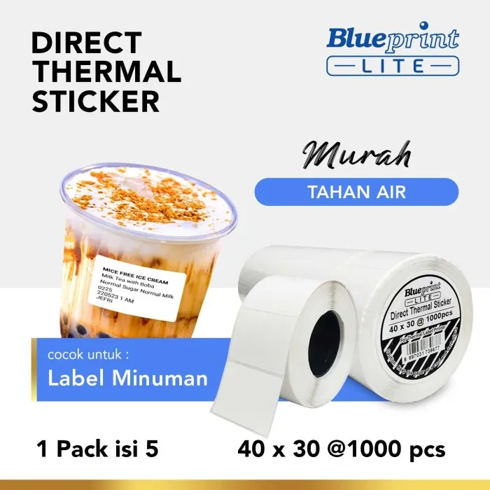 Direct Thermal Stiker 40 x 30 BLUEPRINT Lite 40x30 mm 1 Roll isi 1000 ...