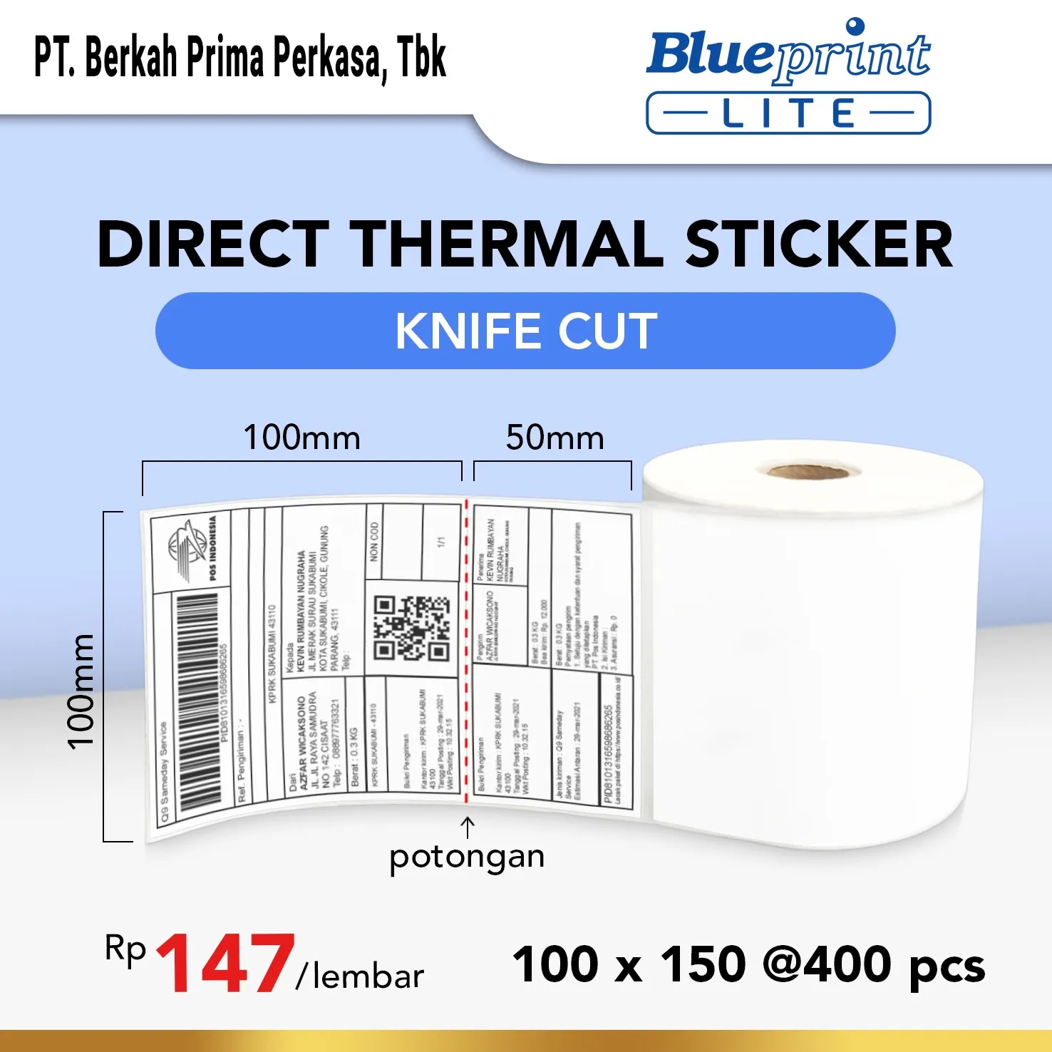Direct Thermal Sticker 100 x 150 BLUEPRINT Lite 100x150 mm 400Pcs Knife ...